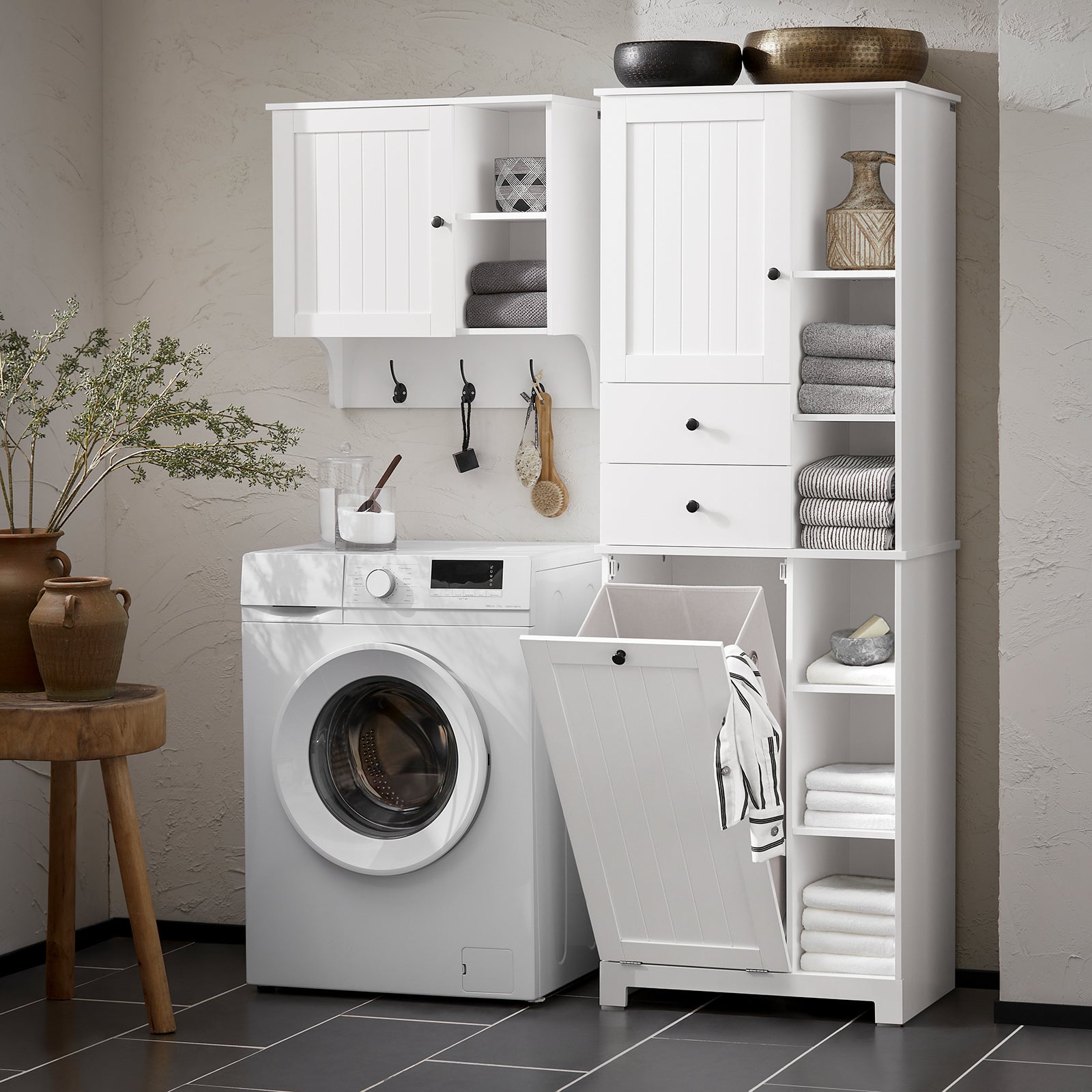 SoBuy BZR104-W Armario Alto de Baño con Cesto para Ropa Sucia Mueble ...